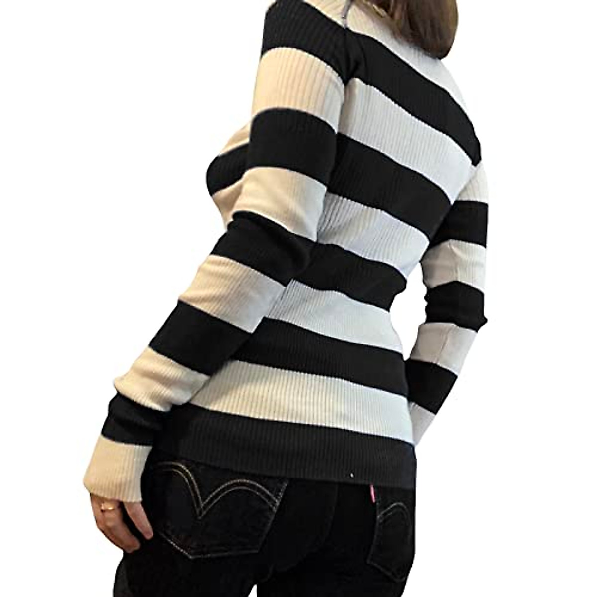 Faretumiya Y2k Striped Tee Shirts Women Long Sleeve Color Block V-Neck Bodycon Rib Knitted Pullover Tops Blouse Streetwear(Button Black,Small)
