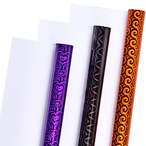 LeZakaa Holographic Wrapping Paper Roll - Mini Roll - Purple Heart/Orange Spiricle/Black Wavy Stripe for Valentine's Day, Birthday, Holiday - 17 x 120 inches - 3 Rolls (42.5 sq.ft.ttl.)
