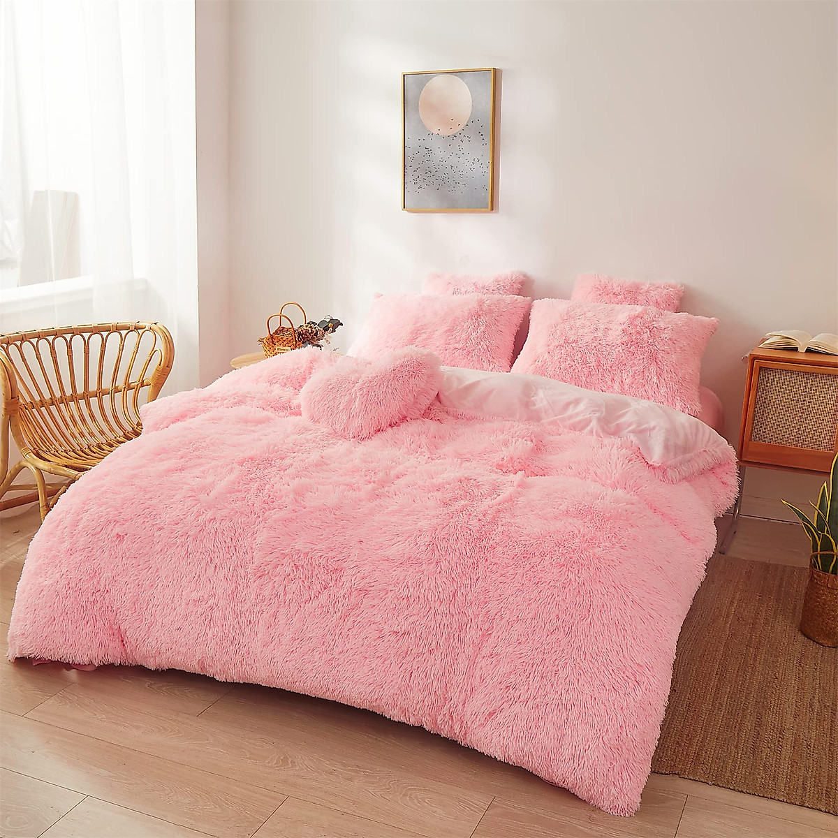 Fluffy Pink Faux Fur Comforter Cover Set - Ultra Soft Plush Bedding, 3 Pieces with 2 Pillow Cases, Cute Light Pink Queen Bed Set