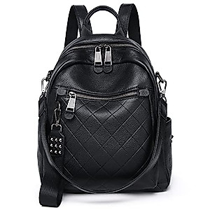 Wesccimo Genuine Leather Backpack Purse For Women Black Quilted Real Soft Leather Convertible Shoulder Bag