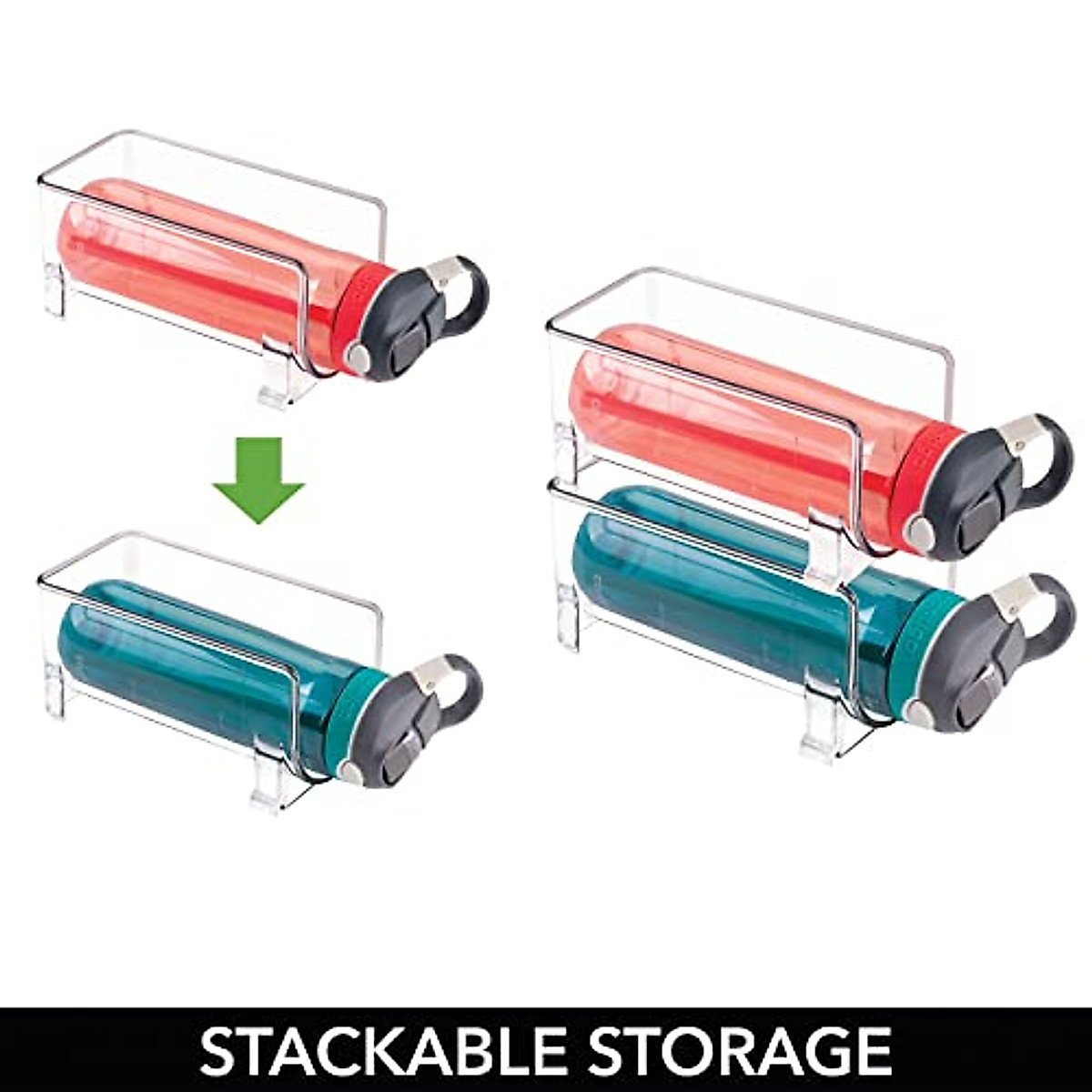 mDesign Plastic Free-Standing Water Bottle Holder Storage Organizer, Wine Rack for Kitchen Countertops, Table Top, Pantry, Fridge - Stackable, Each Rack Holds 1 Bottle, 4 Pack - Clear