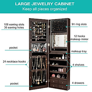CHARMAID LED Strip Jewelry Armoire with 47.2" H Full Length Mirror, Wall/Door Mounted Jewelry Organizer with Built-in Mirror, Flip-over Cosmetic Tray, 4 Drawers, Large Storage Jewelry Cabinet (Coffee)