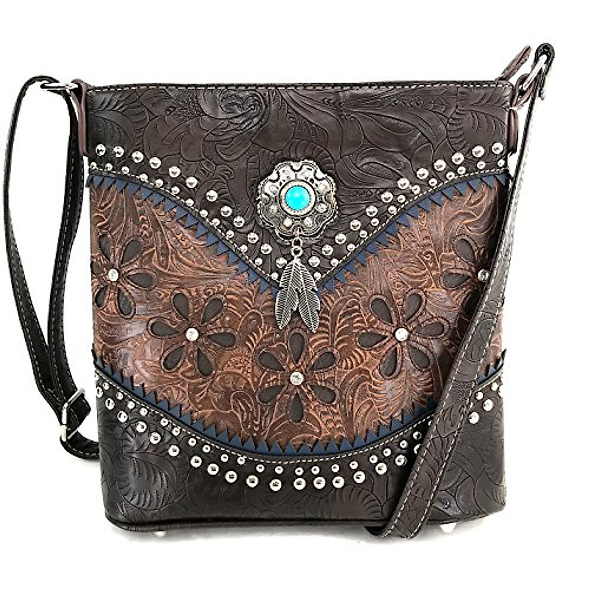 Justin West Turquoise Stone Concho Feathers Western Tooled Studs Concealed Carry Handbag Purse (Brown Messenger Only)