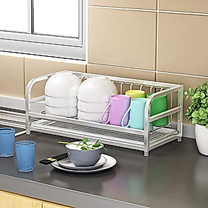 Dish Drying Rack, 304 Stainless Steel Dish Dryer Rack with Removable Drainer Tray Stand On Counter Top Sturdy, Durable and, 16.5" L x 7.9" W x 6.5" H Silver