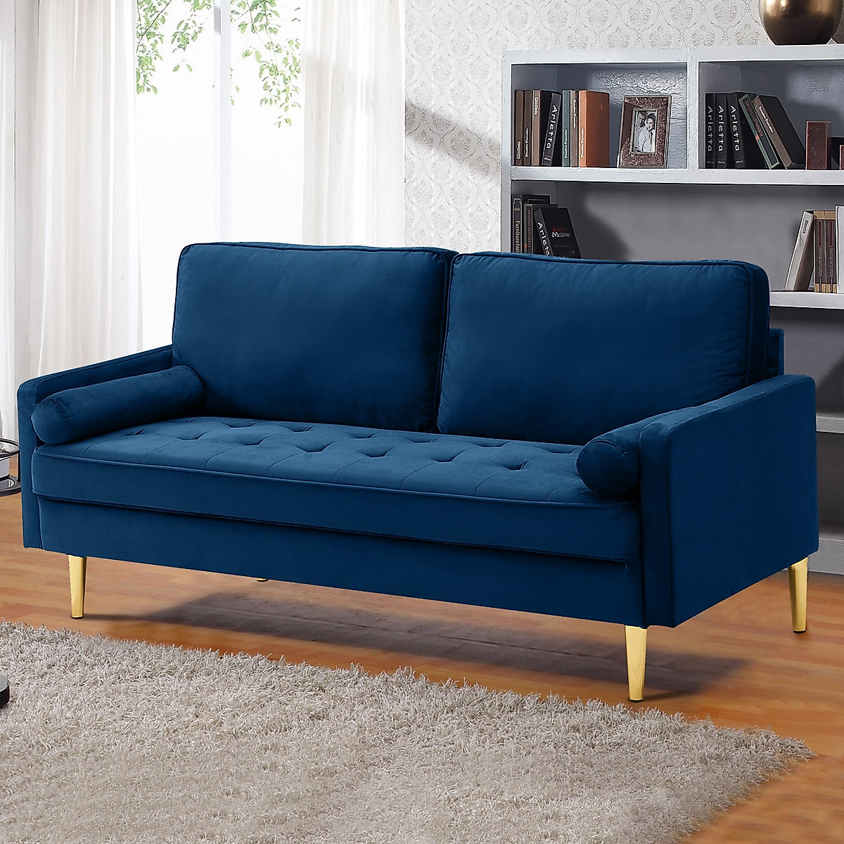 Hdxdkog Velvet Loveseat Sofa, 66.9'' Mid Century Modern Small Love Seats with 2 Pillows & Golden Legs Comfy Couch for Living Room, Upholstered 2 Seater Sofa for Small Apartment (Blue)