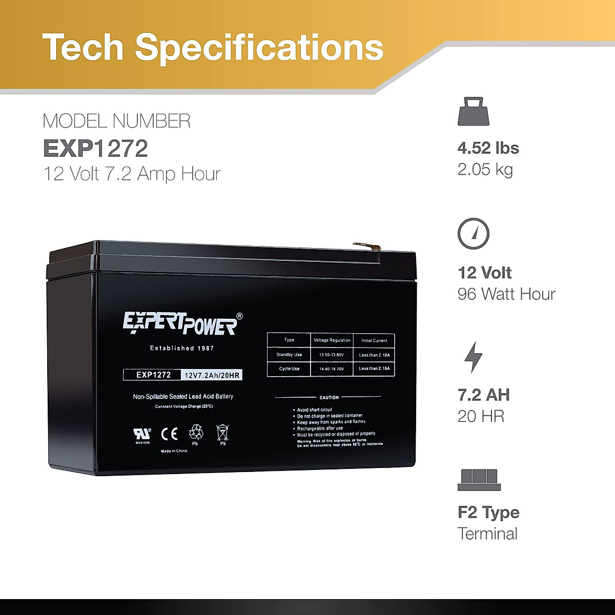ExpertPower® 12V 7.2AH Sealed Lead Acid (SLA) Rechargeable Battery for Security Alarm System With F2 Terminals || EXP1272
