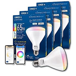 Cree Lighting Connected Max Smart Led Bulb Br30 Indoor Flood Tunable White + Color Changing, 2.4 Ghz, Compatible with Alexa and Google Home, No Hub Required, Bluetooth + WiFi, 4Pk