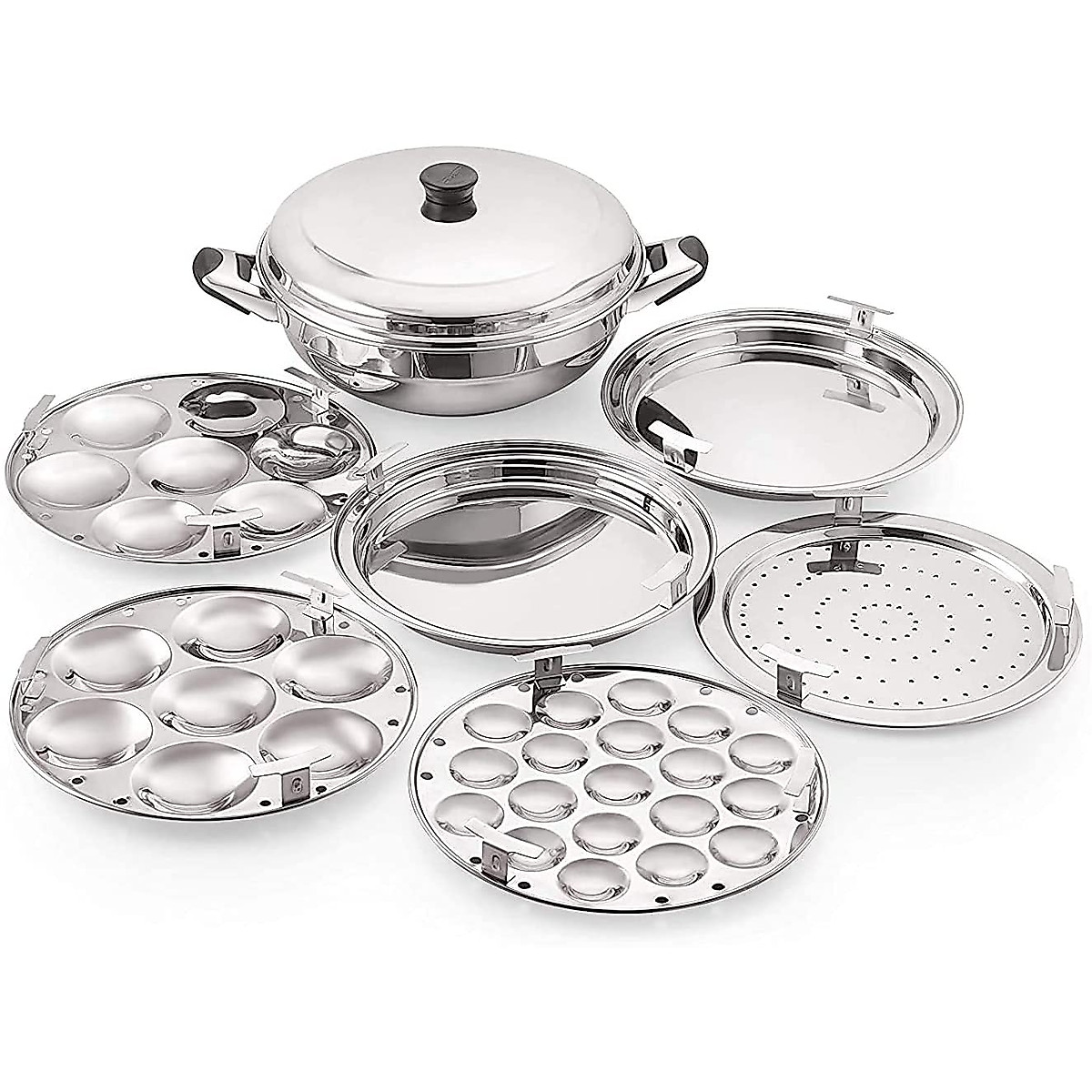 Tabakh Ckitze Stainless Steel Multi Kadai with Steamer Plate, Mini Idli Plate, 2 Idli Plates, 2 Dhokla Plates, Induction Friendly