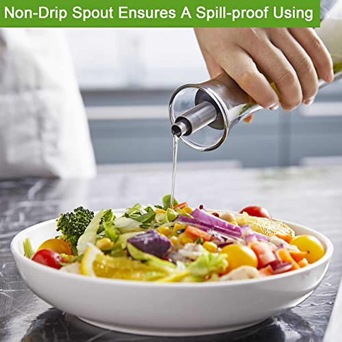 Glass Olive Oil Dispenser, Bivvclaz 18 OZ Oil and Vinegar Dispenser with Drip-free Spout, Olive Oil Cruet Bottle with Airtight Silicone Cap for Kitchen Decor, Easy to Clean, Black Transparent