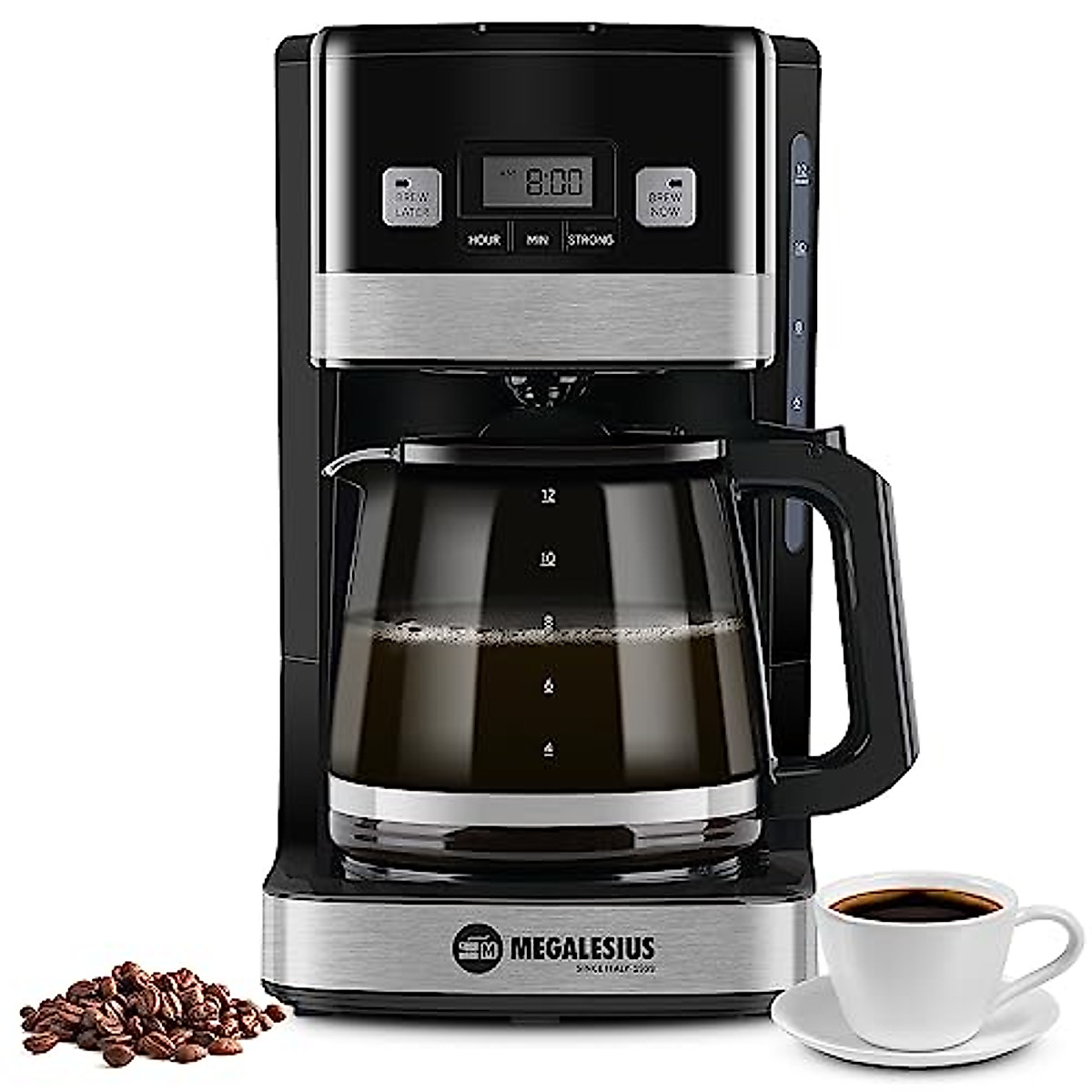 Megalesius Programmable Coffee Maker, 12 Cup Coffee Maker With Auto Shut Off, Drip Coffee Maker With 4-Hour Keep Warm, Glass Carafe, Reusable Filter, Anti-Drip System, Strong Brew, Black