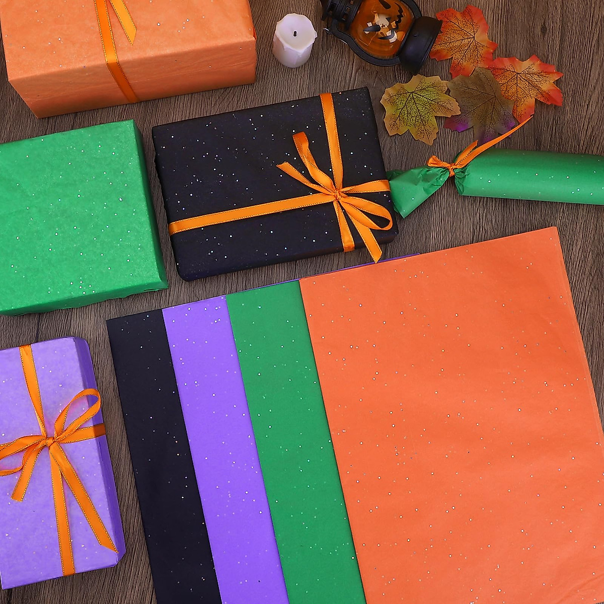 100 Sheets Halloween Sparkle Tissue Paper Bulk, Black Purple Orange Green Wrapping Paper with Glitter for Halloween DIY Crafts Halloween Party Decorations and Gift Wrapping, 14 x 20''