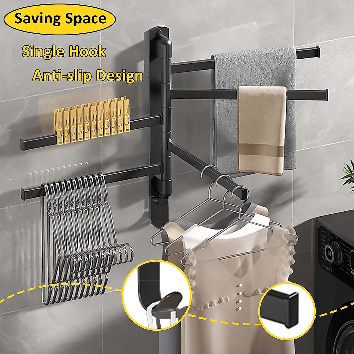 Little World Swivel Towel Rack, 5-Arm Towel Holder Wall Mounted Towel Racks for Bathroom, Aluminum Towel Bar Black Space Saving with Hook Bathroom Towel Holder