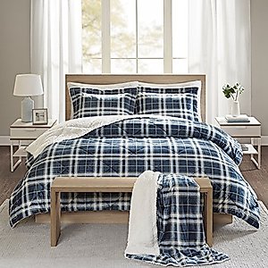 Comfort Spaces Aaron Sherpa Comforter and Throw Combo Set, Ultra Softy Fluffy Warm Checker Plaid Pattern Cold Weather Bedding, Full/Queen, Navy,CS10-0409