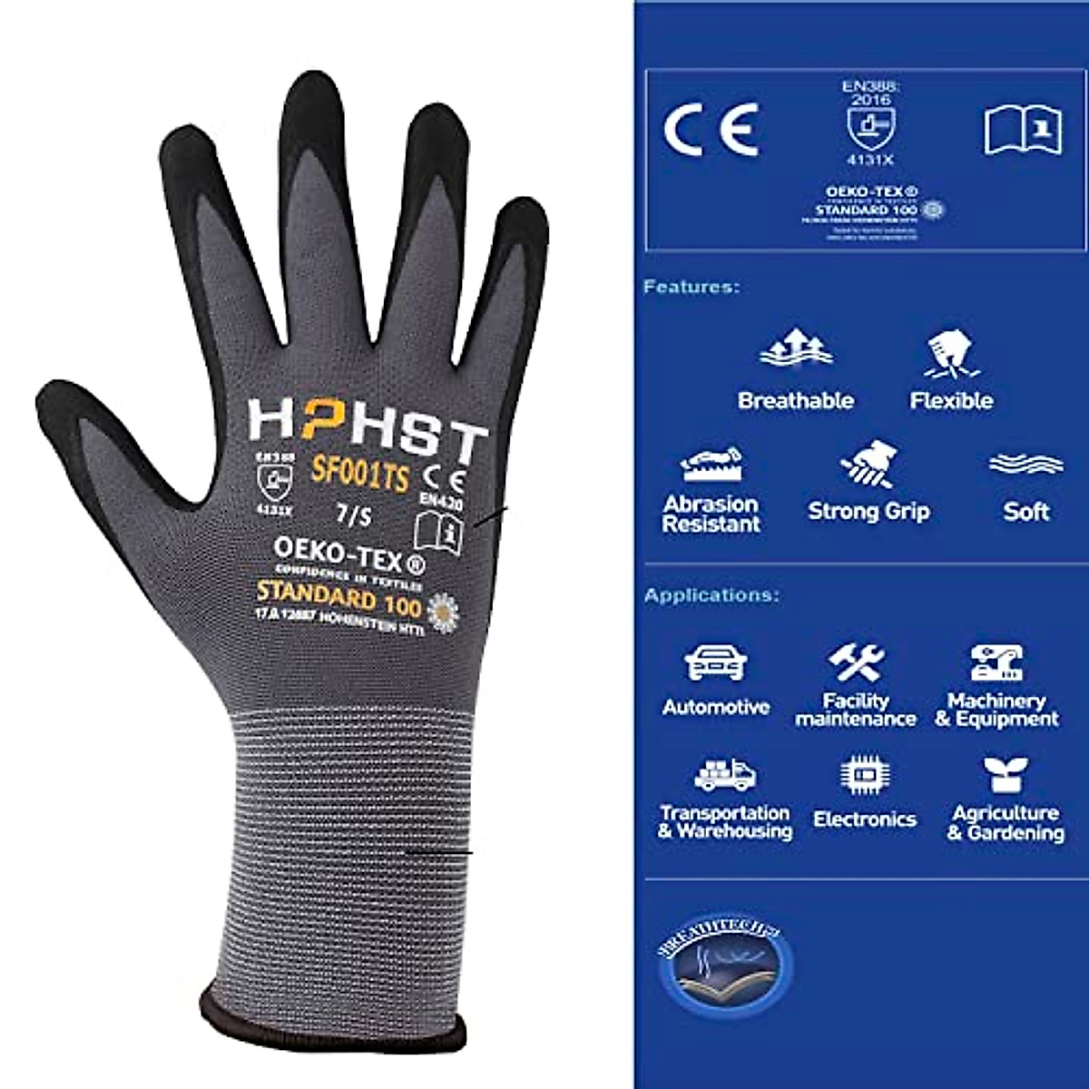 HPHST Nitrile Work Gloves SF001TS,Micro Foam Technology & Spandex Liner Nitrile Coated,CE Approved 15 Gauge Ergonomic Design,Smart Touch,Thin Machine Washable,Grey Medium 12 Pairs Pack