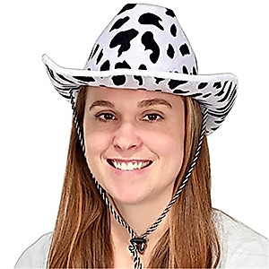 TOPORTY Cow Print Cowboy Hat White and Black Felt Hat with Adjustable Lanyard Cowboy Style Hat for Men and Women