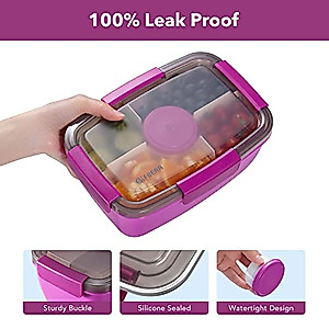 GiFBERA Large Salad Container for Lunch - 68 oz Salad Bowl with 5 Compartments Bento-Style Tray, 2 pieces Salad Dressing Containers To Go, Leak-Proof & BPA-Free (Purple)