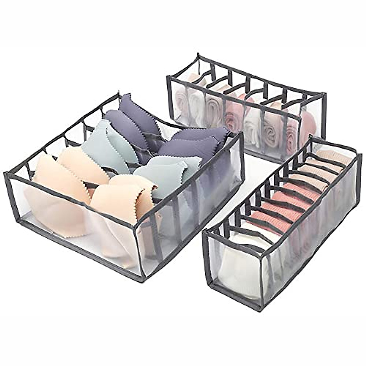 3PCS Drawer Organizer Underwear Closet Divider Women 6,7 and 11 grids for Clothes Storage Organization, Dresser, Drawer and Closet Organizers for: Underwear, Bra, Sock, & More, PSL-S13, Gray