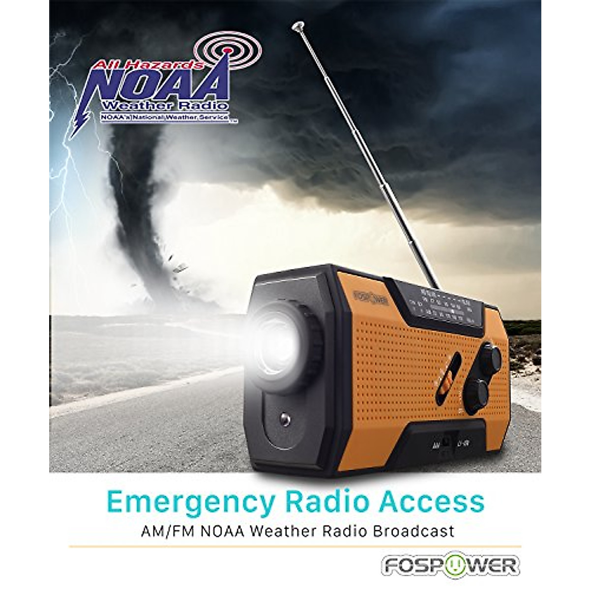 FosPower 2000mAh NOAA Emergency Weather Radio (Model A1) Portable Power Bank with Solar Charging, Hand Crank & Battery Operated, SOS Alarm, AM/FM & LED Flashlight for Outdoor Emergency