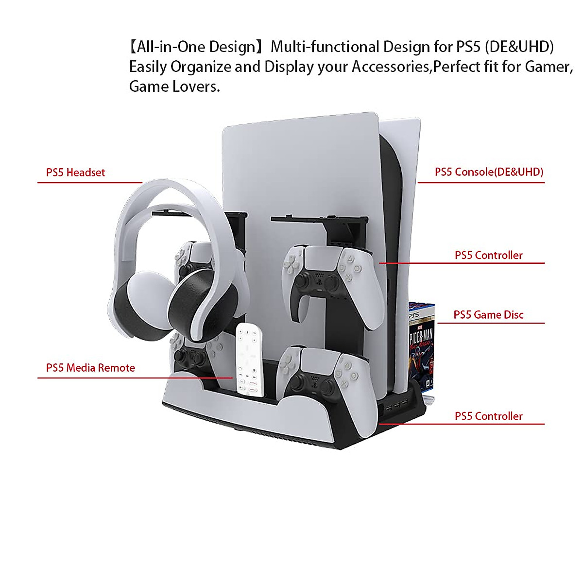 EJGAME Vertical Stand Dual Charging Station with Suction Cooling Fan Compatible with PS5 Console and PS5 Digital Edition, Built-in Headset Holder,Media Remote Stand and13 Game Rack Organizer