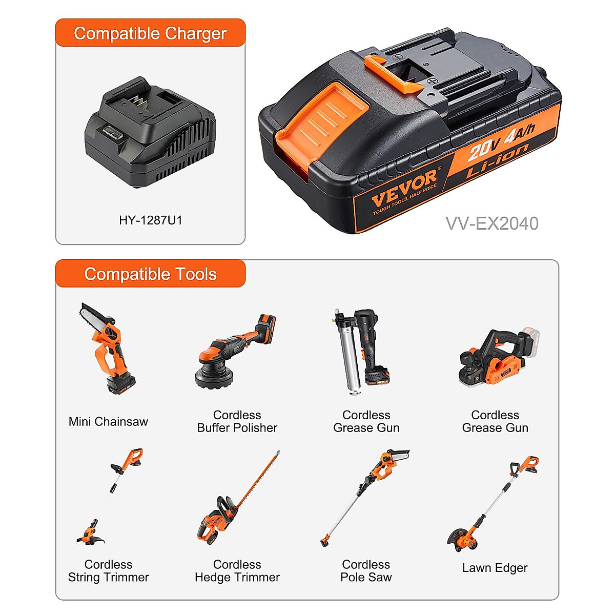 VEVOR 20V 4.0Ah Lithium-Ion Battery - High-Capacity Replacement Battery Pack for Power Tools Batteries, Compatible with 20V Cordless Power Tools
