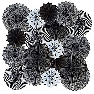 18pcs Party Hanging Paper Fans Set Black White Round Paper Fans Decorative Pattern Folding Fans Halloween Hanging Paper Fan Garlands for Halloween Birthday Wedding Graduation Events Accessories