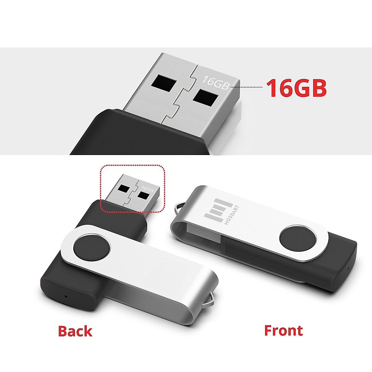 10 X MOSDART 16GB Bulk USB 2.0 Flash Drives Swivel Thumb Drives Zip Drive Memory Stick with Led Indicator,10 Pack Black