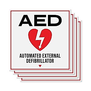 AED Stickers 4-Pack | Automated External Defibrillator Red and White Signs, Durable Self Adhesive Weatherproof Vinyl Decals, 4" x 4"