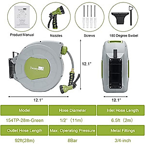 Automatic Hose Reel Retractable,Garden Hose Reel with Wall Mount,Water Hose Reels for Outside,1/2''x 92+6.5Ft Water Hose,9 Pattern Hose Nozzle,180° Swivel Bracket,Any Length Lock for Garden Hose Reel