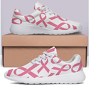 Breast Cancer Shoes for Women Fashion Breathable Running Sneakers Ladies Cancer Pink Ribbon Shoes White Size 5