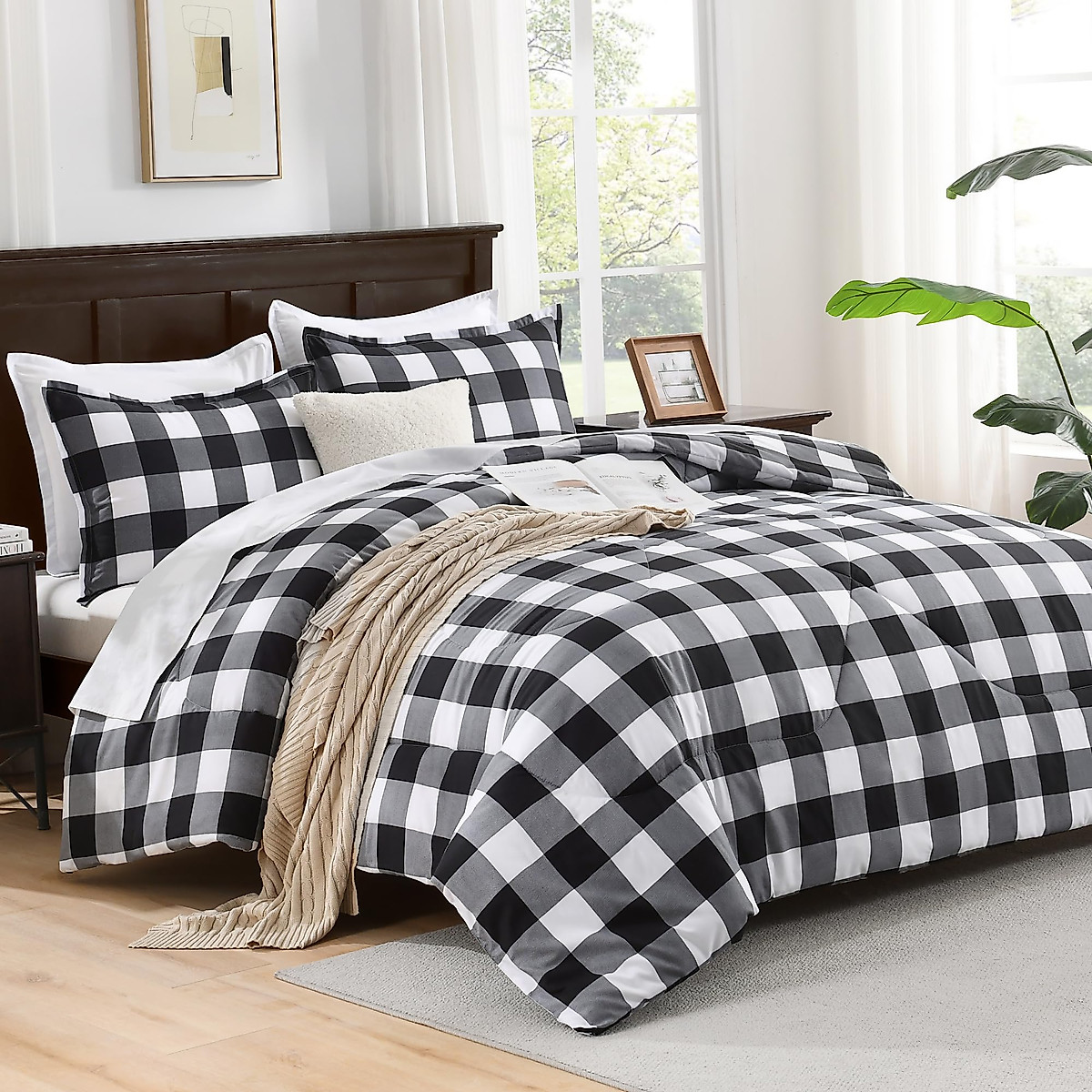 Andency Black Plaid Comforter Set Twin Size (66x90 Inch), 2 Pieces (1 Gingham Comforter and 1 Pillowcase), Summer Lightweight Microfiber Buffalo Check Down Alternative Comforter Set for Kids Boys