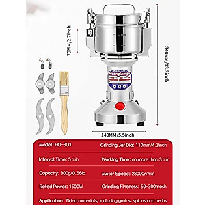 Moongiantgo Grain Mill Grinder Electric 300g Commercial Spice Grinder 1500W Stainless Steel Pulverizer Dry Grinder Grinding Machine (300g Upright, 110V)
