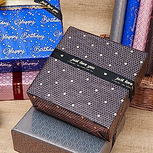 THMORT Wrapping Paper Roll with a Cutter Kit for Birthday Boys&Girls,Adults,Kids.17 Inch X 120 Inch Embossed Foil Wrapping Paper for Gift wrapping Royal Sapphire Blue Pink Black.
