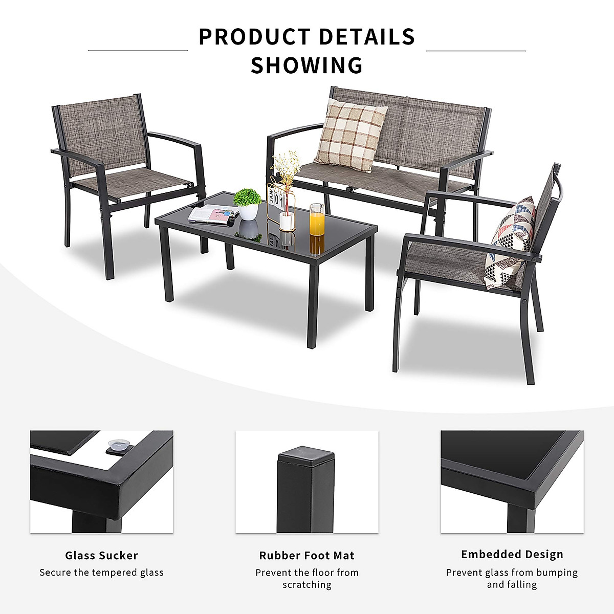 Shintenchi 4 Pieces Patio Furniture Set All Weather Textile Fabric Outdoor Conversation Set, with Glass Coffee Table, Loveseat, 2 Single Chairs for Home, Garden, Lawn, Porch (Brown）