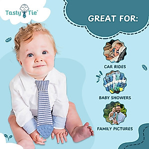 Tasty Tie Teething Tie, 3-in-1 Clip-on Baby Tie Crinkle Toy & Silicone Teether for 3-6-9-12-18 Month Babies | GOTS Certified Organic Cotton | Unique Baby Boy Gift or Stocking Stuffer, Seersucker Style