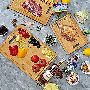 HHXRISE Original Bamboo Cutting Board(3 Piece Set) With Handle For Kitchen, With Built-In Compartments And Juice Grooves, Heavy Duty Chopping Board Serving Tray, Butcher Block, Carving Board…