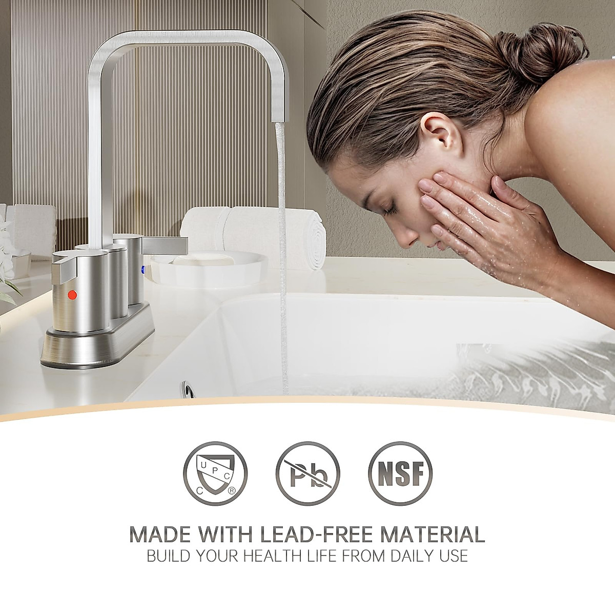 Phiestina Waterfall Bathroom Sink Faucet, Brushed Nickel 4 Inch 2 or 3 Hole Centerset RV Bathroom Faucet, with Swivel 360 Degree Spout, Metal Pop-Up Drain and Water Supply Lines, BF040B-1-BN