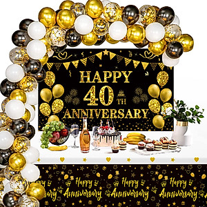 DARUNAXY 40th Wedding Anniversary Decorations, Large Happy 40th Anniversary Banner 70 x 43inch, 60PCS Black Gold Confetti Balloons, 2PCS Tablecloths for Cheer to 40 Year Party Supplies for Men Women