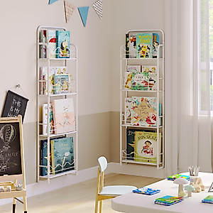 BBLIKE Kids Bookshelf for Wall - 4 Tier Wall Mounted Nursery Book Shelf, White Hanging Bookshelf for Books and Toys Storage, Wave Book Shelf Organizer for Kids Bedroom, Living Room（Wood Layer）