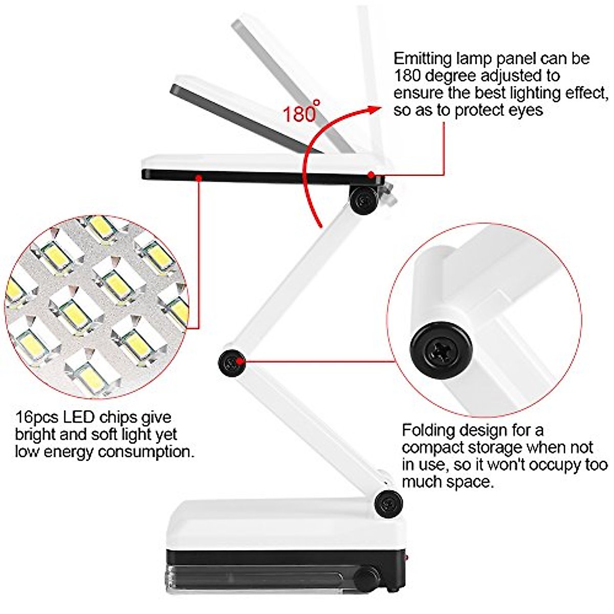Yosoo Rechargeable Desk Lamp with USB Charger Portable Dimmable LED Table Lamp 16 LEDs Folding Light for Travel Reading Studing Home Office School
