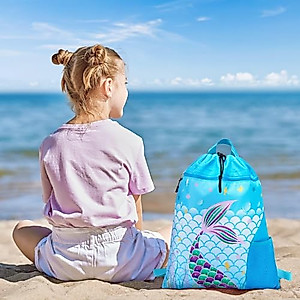 WAWSAM Mermaid Gym Drawstring Backpack - 15” × 17” Sports Gym Bag for Girls Kids Waterproof Swimming Beach Sackpack Birthday Christmas Gift with Zippered Pocket and Water Bottle Pocket