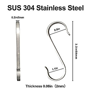 RTCUL S Hooks Heavy Duty 304 Stainless Steel 3.3" Hooks 12 Pack S Shaped Hanging Hooks for Kitchen, Bathroom, Bedroom and Office（0.9in×1.1in×3.3in）