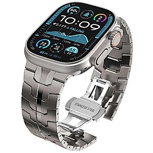 WINGLE Metal Band for Apple Watch Band Ultra 2/Ultra Band 49mm Men, Series 10 46mm, 9/8/7 45mm, SE/6/5/4 44mm, 3/2/1 42mm, Stainless Steel Bands with Folding Clasp iWatch Strap Link Bracelet, Titanium