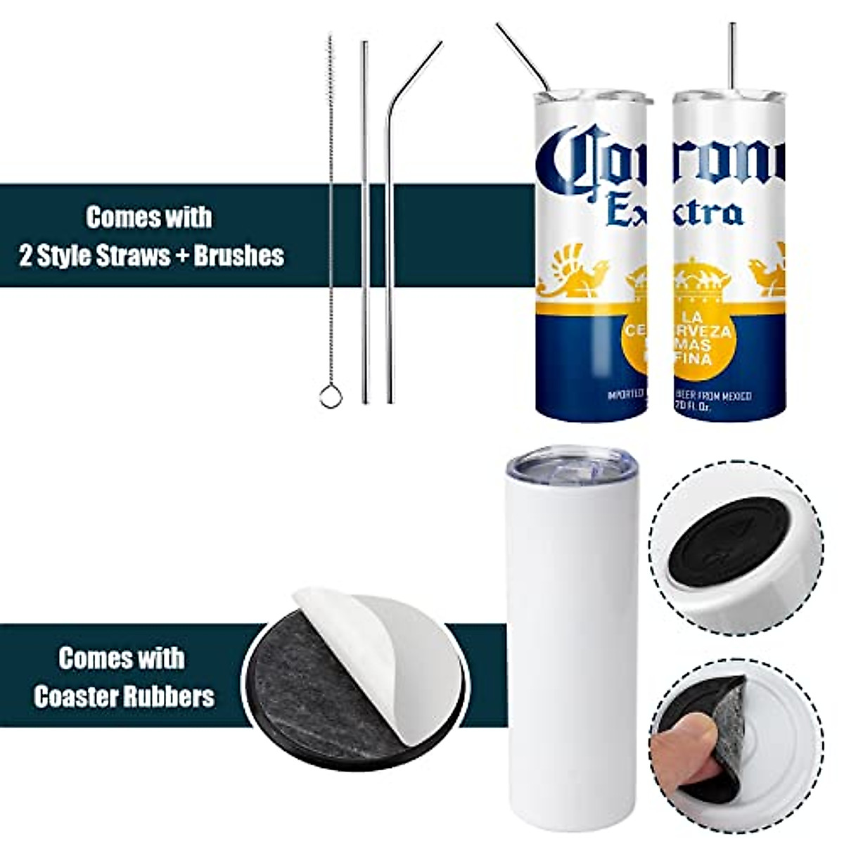 ROTERSTEIN 8 Pack 20 oz Sublimation Tumbler Set Double Walled Stainless Steel Skinny Straight Blank Tumbler Bulk with Lid, Straw, DIY Stickers Shrink Wrap, Rubber Base for Heat Transfer Heat Press