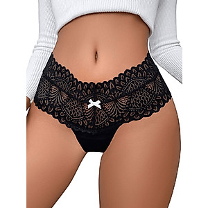 SweatyRocks Women's Floral Lace Low Rise Thong Underwear Bowknot Front See Through Panty Black L