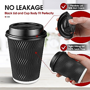 Ginkgo 100 Pack 12 oz Disposable Coffee Cups with Lids, To-Go Paper Coffee Cups Suitable for Hot Coffee, Chocolate and Cocoa, Coffee Bar Accessories - Black
