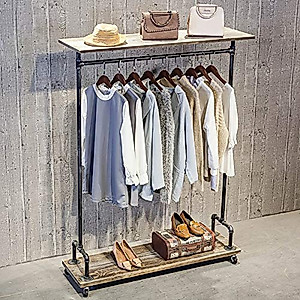 wuxiuqi Industrial Pipe Clothing Rack on Wheels,Rolling Iron Garment Racks with Shelves, Commercial Grade Clothing Racks Heavy Duty,Vintage Steampunk Clothes Rack Retail Display Wood