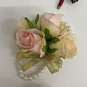 YOKOKE Prom Corsage and Boutonniere Set, Rose Boutonniere and Wrist Corsage Wristlet Set Flowers for Party Ball Dancing Prom Suit Decorations (Pink Champagne Gold)
