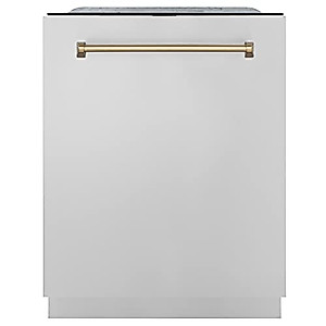 ZLINE Autograph Edition 24" 3rd Rack Top Touch Control Tall Tub Dishwasher in Stainless Steel with Champagne Bronze Handle, 51dBa (DWMTZ-304-24-CB)