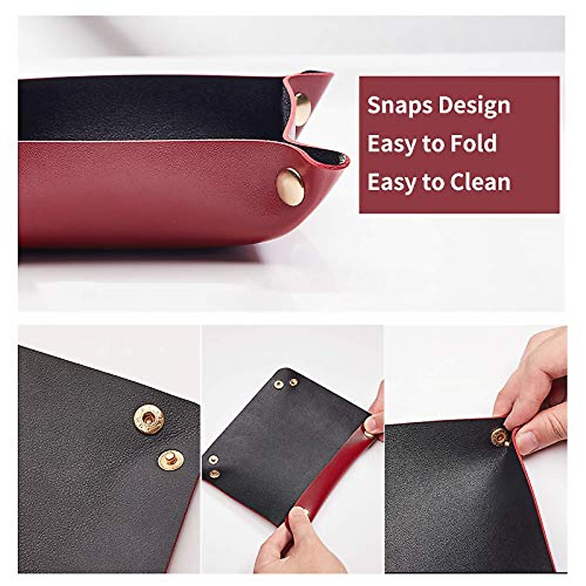 VOMANA Leather Valet Tray for Men Women, Small Leather Catchall Tray Desk Organizer, Key Tray for Entryway Table, Collapsible Travel Snap Tray, EDC Dump Tray (Orange+ Almond)