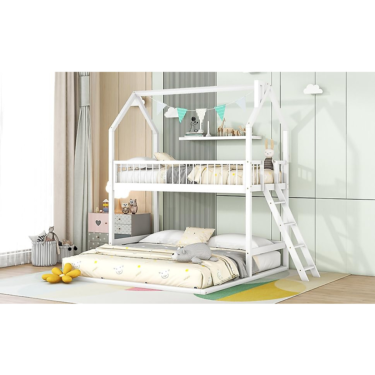 HABUHOME Twin Over Twin House Bunk Bed with Extending Trundle and Ladder, Wooden Bunk Bed Frame for Kids Teens Girls Boys - White